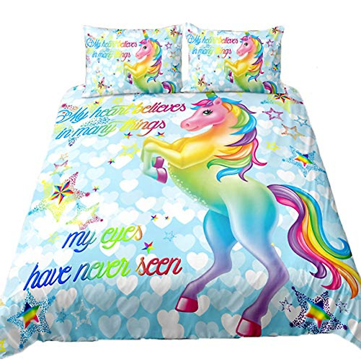 Suncloris,Rainbow Unicorn Fairytale with Sparkling Stars,Bedding Sheet Set .Included:Duvet Cover,Pillowcase(no Comforter Inside) (01, (Full))