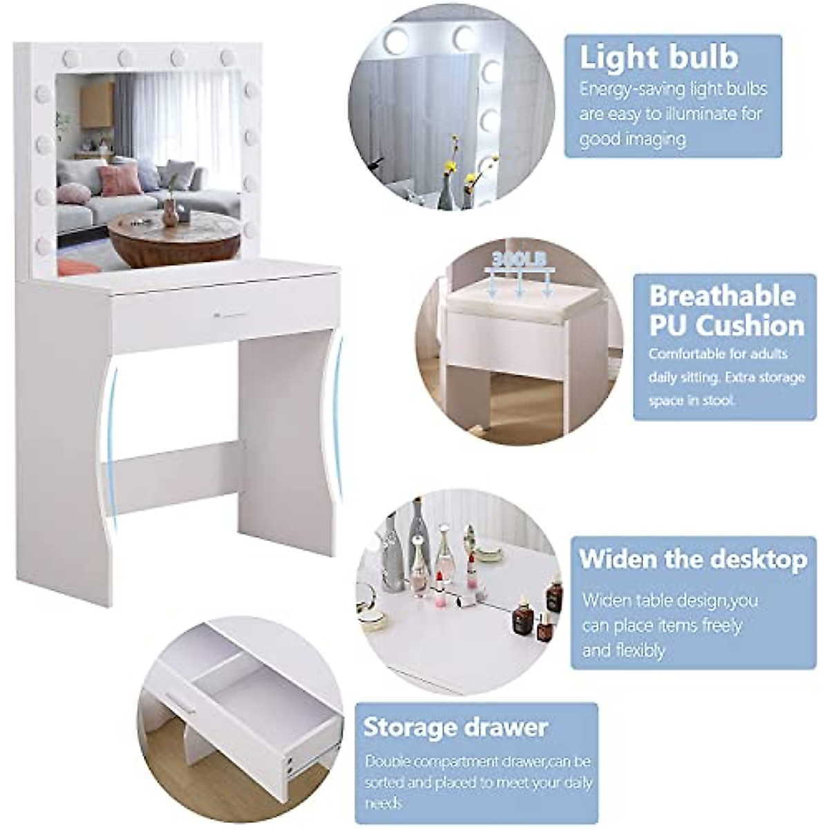 Titoni Vanity Table Set with Lighted Mirror - Makeup Vanity with Lights, Adjustable Brightness, Large Drawer Sturdy Wood Vanity, White 80x40x140cm