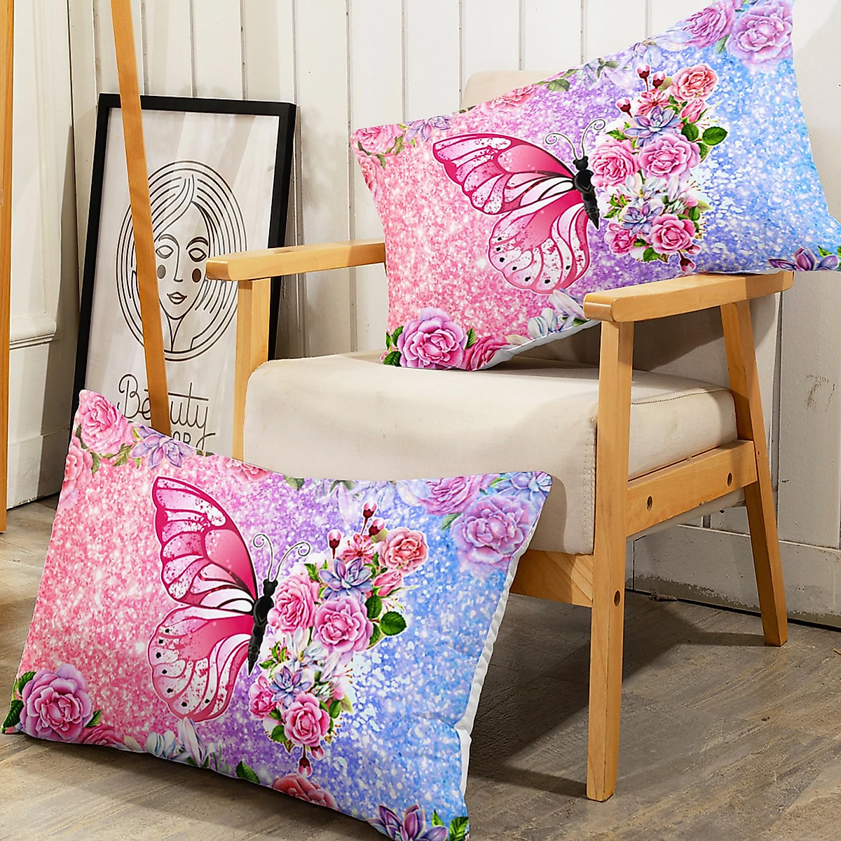 AILONEN Beautiful Butterfly Fitted Sheet Full Size, Sparkling Blue Pink Butterfly with Floral Bedding Set for Girls Women,Starry Theme Bed Sheet Set,3 Pieces,1 Fitted Sheet and 2 Pillowcases