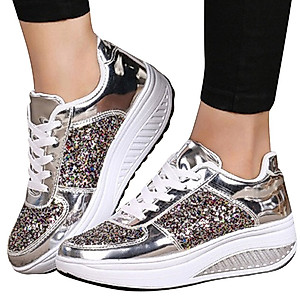 Womens Sports Walking Sneakers Platform Crystal Bling Sneakers Fashion Shoes Lace-Up Flat Heel Orthopedic Shoes Silver