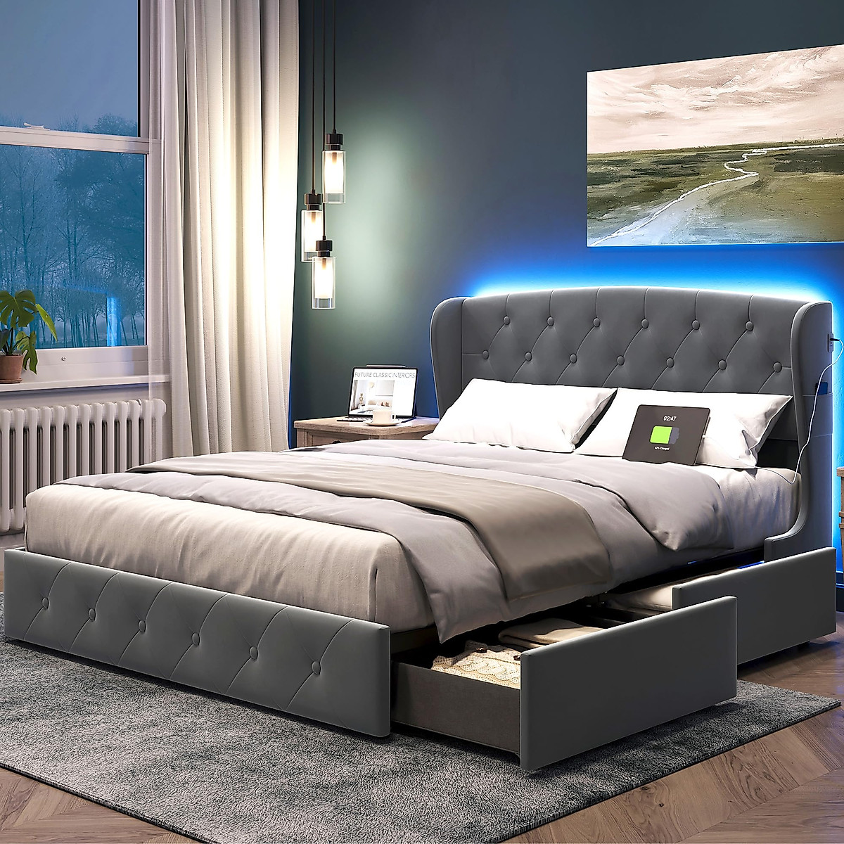 LINSY Upholstered Queen Bed Frame with 4 Drawers, RGB Lights, Fast Charger and Headboard - No Box Spring Needed, Dark Grey