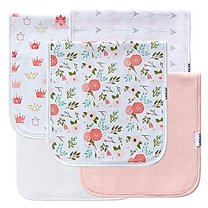 LNGLAT 5-Pack Baby Burp Cloth for Girls, 100% Organic Cotton, Triple Layer, Thick, Soft and Absorbent, Burping Rags for Newborns Baby Shower Set