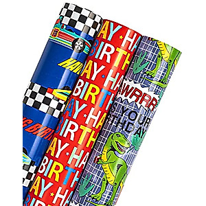 WRAPAHOLIC Birthday Wrapping Paper Roll - Mini Roll - 3 Rolls - 17 Inch X 120 Inch Per Roll - Dinosaurs/Racing Car/Happy Birthday Lettering for Kid's Birthday, Baby Shower
