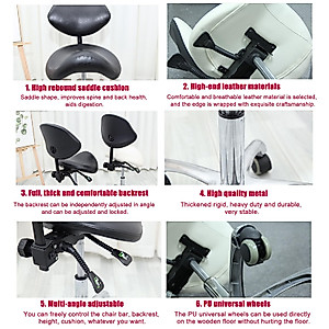 NUNETH Medical Dental Saddle Stool Chair White Black, Rolling Chair with Back Support, Ergonomic Salon Saddle Chair on Wheels with Hydraulic Lift (Color : White)