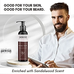 American Shaving Co Beard Wash with Sandalwood Scent, Jojoba Oil & Argan Oil, Soothing & Moisturizing Beard Care For All Types of Skin & Beard Hair, Softens and soothes the Beard itches, A Sandalwood scent infused Natural Beard Cream, 8 Oz