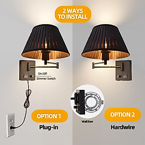 Plug in Wall Sconce 17"Swing Arm Wall Lamp with Plug in Cord and Dimmable Switch Black Sconces Wall Lighting with USB Port and AC Outlet Wall Mounted Lamp Suitable for Bedroom Living Room hallway.