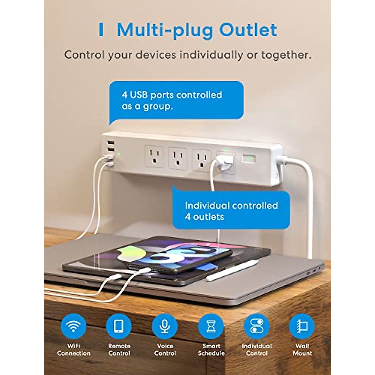 meross Smart Power Strip Compatible with Apple HomeKit, Siri, Alexa, Google Home and SmartThings, WiFi Surge Protector with 4 AC Outlets, 4 USB Ports and 6ft Extension Cord, Voice and Remote Control