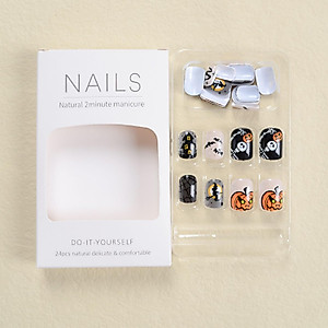Halloween Press on Nails Short Square Fake Nails with Skull Pumpkins and Bats Designs Full Cover Stick on Nails Cute False Nails for Women Girls 24Pcs