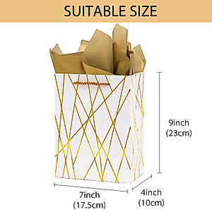 Nihuecne 9" Gift Bags Medium Size with Tissue Paper, 4 Pack White Gold Wrap Paper Gift Bags with Handles for Shopping Parties Wedding Baby Shower Holiday Presents 4 Designs