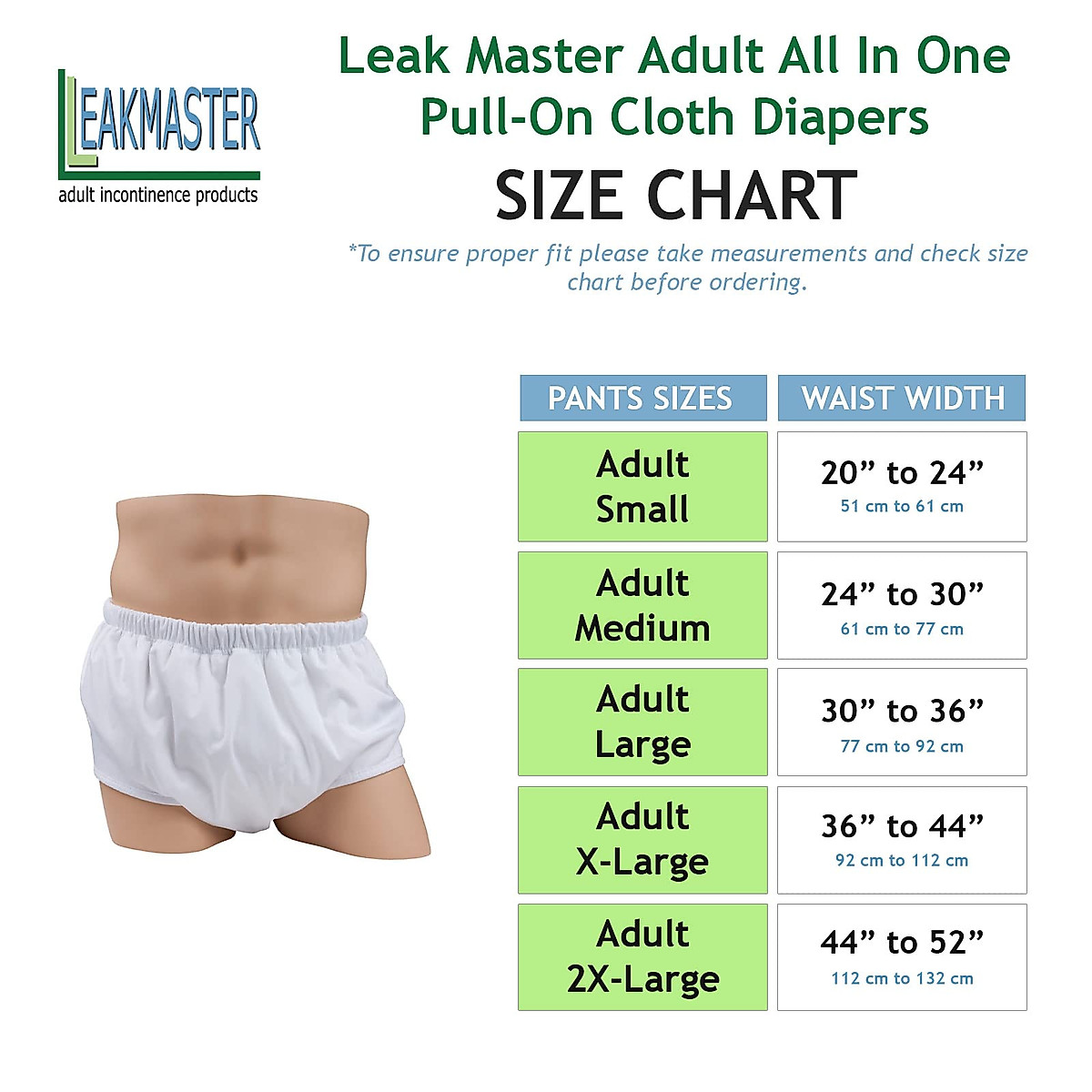 Adult All in One Pull-On Cloth Diaper by LeakMaster - Sewn-On Waterproof Outer Layer. 8 Total Interior Layers of Absorbency. Secure Incontinence Protection. (Large 30-36-Inch Waist)