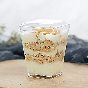 Tosnail 50 Pack 5 Oz Tall Square Clear Plastic Dessert Tumbler Cups with 50 Pieces Plastic Lids and 50 Pieces Plastic Tasting Spoons - Clear