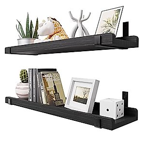 Pine Natural Wood Floating Shelves With Lip, 24 Inches Long Reclaimed Wood Floating Shelves For Wall Storage, Set Of 2 DIY U-Shaped Wooden Floating Shelf for Living Room, Bedroom, Kitchen, Black.