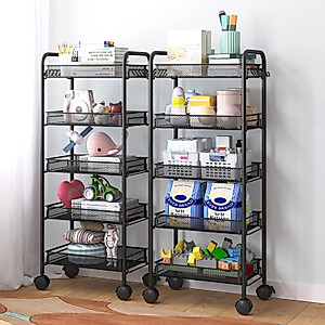 HomeHom 5-Tier Rolling Cart, Metal Utility Cart with Lockable Wheels, Rolling Storage Cart with Handle Kitchen Cart with 12 Hooks for Office, Bathroom, Kitchen, Kids' Room, Classroom (Black)