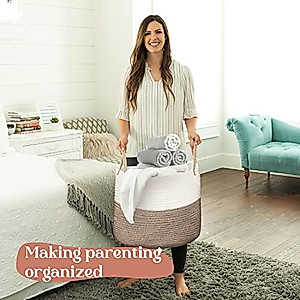 Luxury Little XXXL Nursery Storage Basket, 22 x 22 x 14 inches - 100% Cotton Rope Basket with Handles, Laundry Basket for Toys, Blankets and Pillows - Off White & Beige