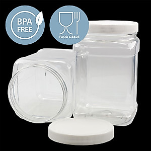 Cornucopia Brands 3-Pack Square 64 Oz 1/2 Gallon Plastic Canisters; 8-Cup Capacity Clear Jars w/ White Plastic Lids & Chalk Labels, BPA-Free Lightweight PET #1 Plastic