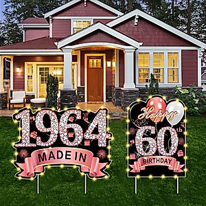 2Pcs Rose Gold 60th Birthday Yard Sign Decoration with String Lights for Women,Happy 60th Birthday Made in 1964 Lawn Sign Party Supplies, Sixty Year Old Birthday with Lights Yard Decor with Stakes