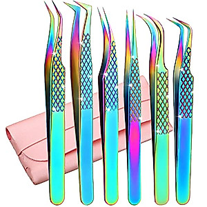 7 Pcs Eyelash Extension Tweezers Set Diamond Grip Lash Tweezer for Eyelash Extensions Japanese Stainless Steel Straight and Curved Tip Precision Tweezers Kits for Profession and Beginner (Colorful)
