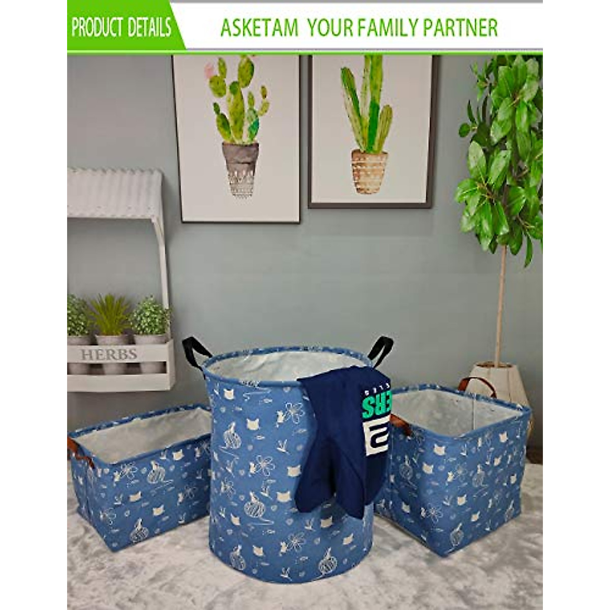 ASKETAM Fabric Laundry Basket Canvas Laundry Hamper for Dirty Clothes Toy Organizer Kid Nursery Room Decor Basket (Blue cat)