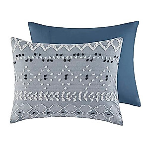 INK+IVY Dora Organic Cotton Duvet Set, Chambray with Textured Clipped Yarns and Tufted Geometric Design, Breathable, All Season Boho Bedding, Matching Shams, King/Cal King(104"x92") Blue 3 Piece