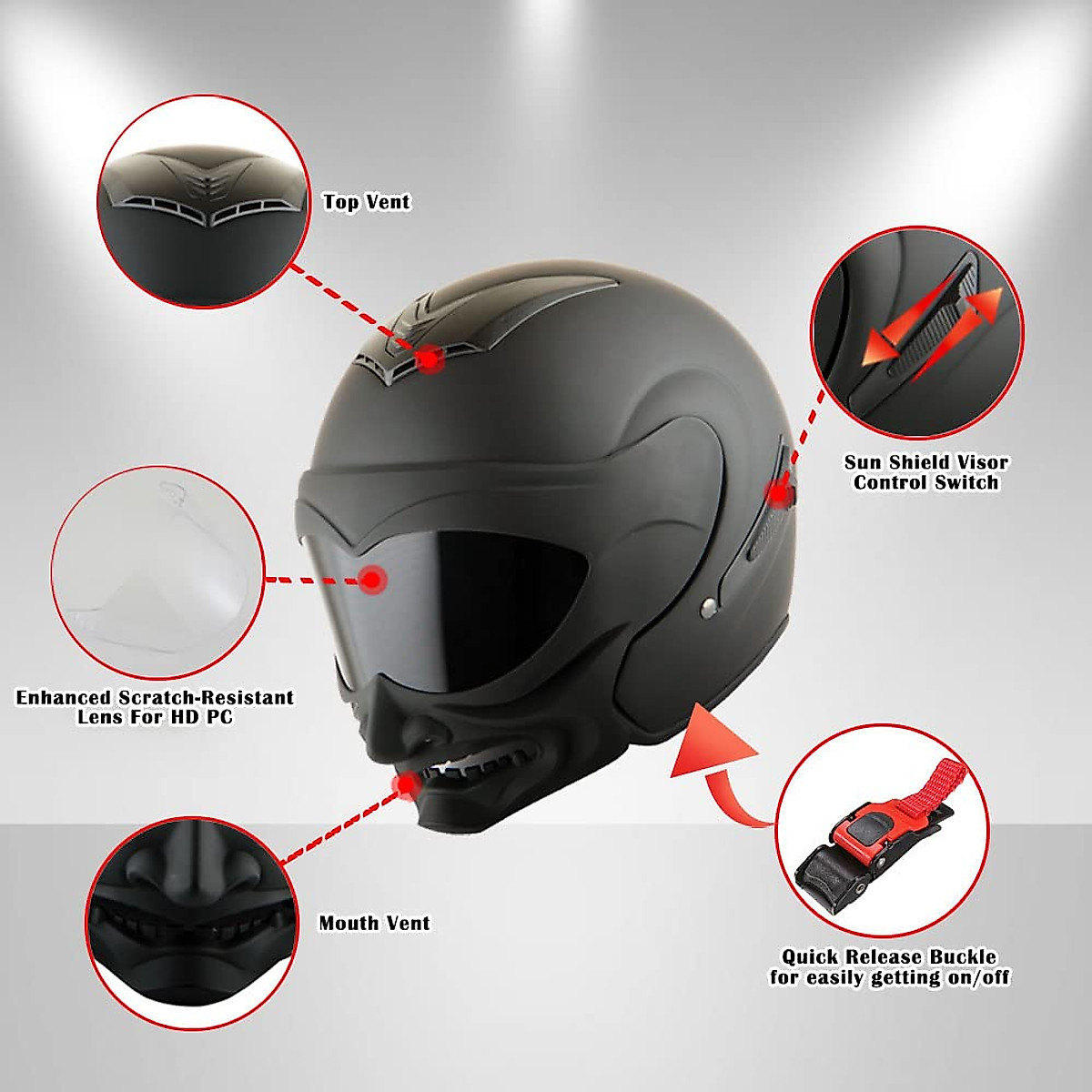 1Storm Motorcycle Open Face Fiber Glass Dual Visor Helmet Scooter Classical Knight Bike Samurai Black + One Extra Clear Shield