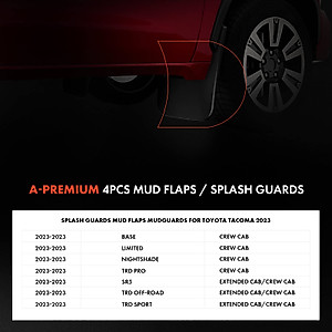 A-Premium Set of 4PCS Mud Flaps Splash Guards Mudguards Mudflaps with Hardware Kits Accessories Compatible with Toyota Tacoma 2023 Pickup, (not fit SR), with Fender Flares, Front LH RH & Rear LH RH