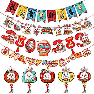 9 Pcs 2023 Chinese New Year Banner Year of The Rabbit Welcome Sign Traditional Chinese Rabbit Year Hanging Ornaments Spring Festival Hanging Banner Decorations 2023 Party Supplies Home Office Porch