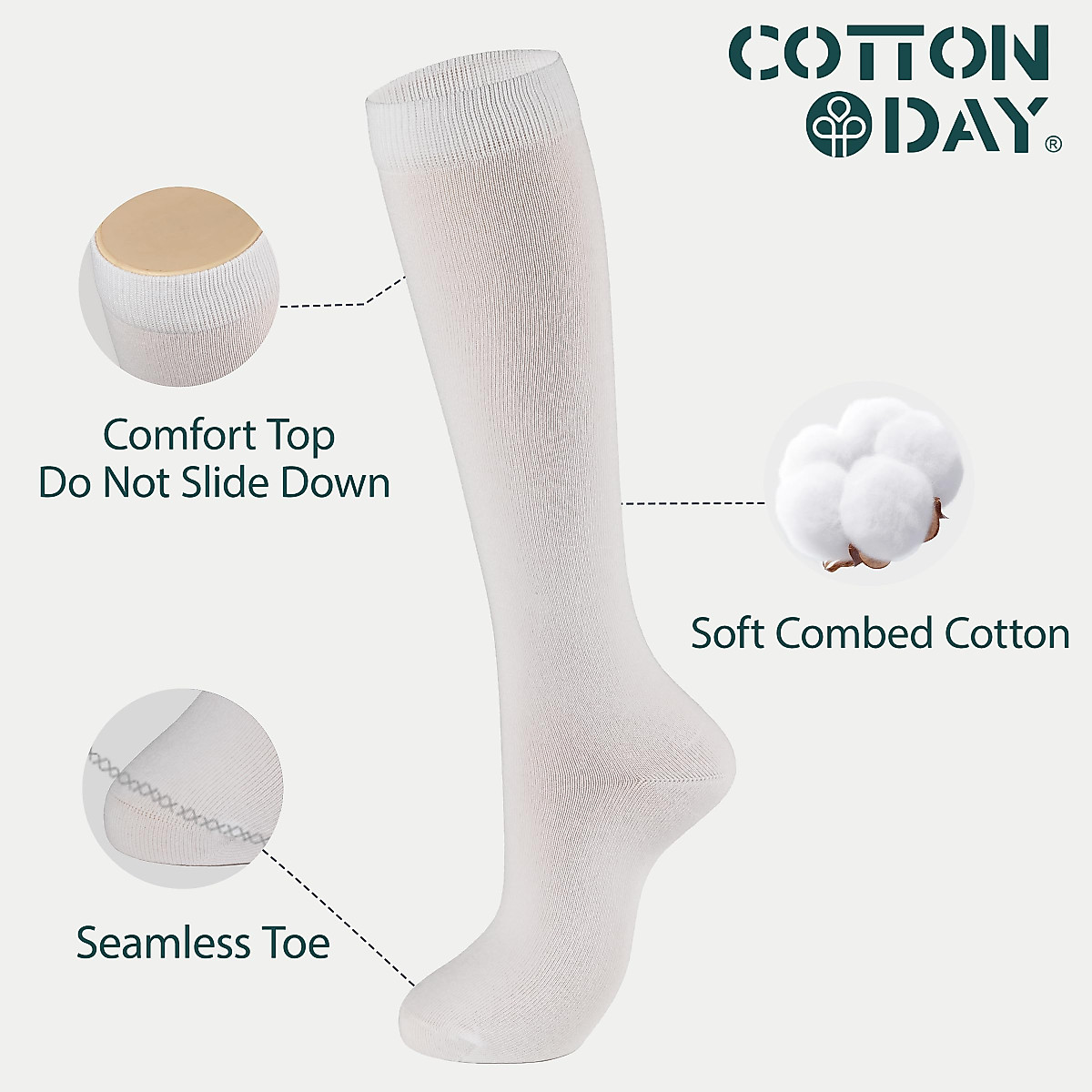 COTTON DAY 3 Pack Kids Girls Soft Knee High School Uniform Dress Socks Seamless Toe 4-6 Years White S (6)