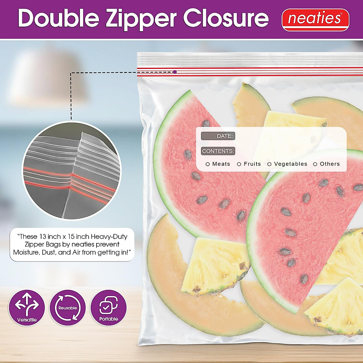 Neaties Heavy Duty 2 Gallon Double Zip Lock Bags for Kitchen or Storage, Food Storage Freezer Slider Bags 13"x16", 100pcs