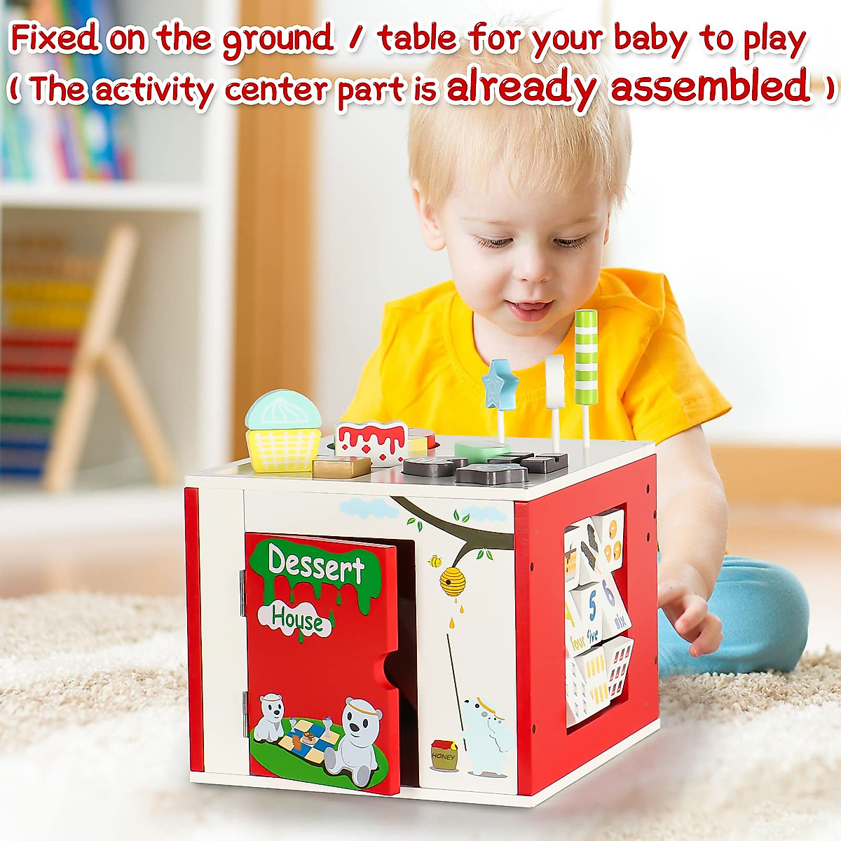 Baby Walker for Girls - Wooden Activity Cube Center for Baby with Pretend Food, Chalkboard, Clocks 6 in 1 Educational Learning Toys for Toddlers - Gift for 1 Year Old Girls & Boys - Easy Assembly