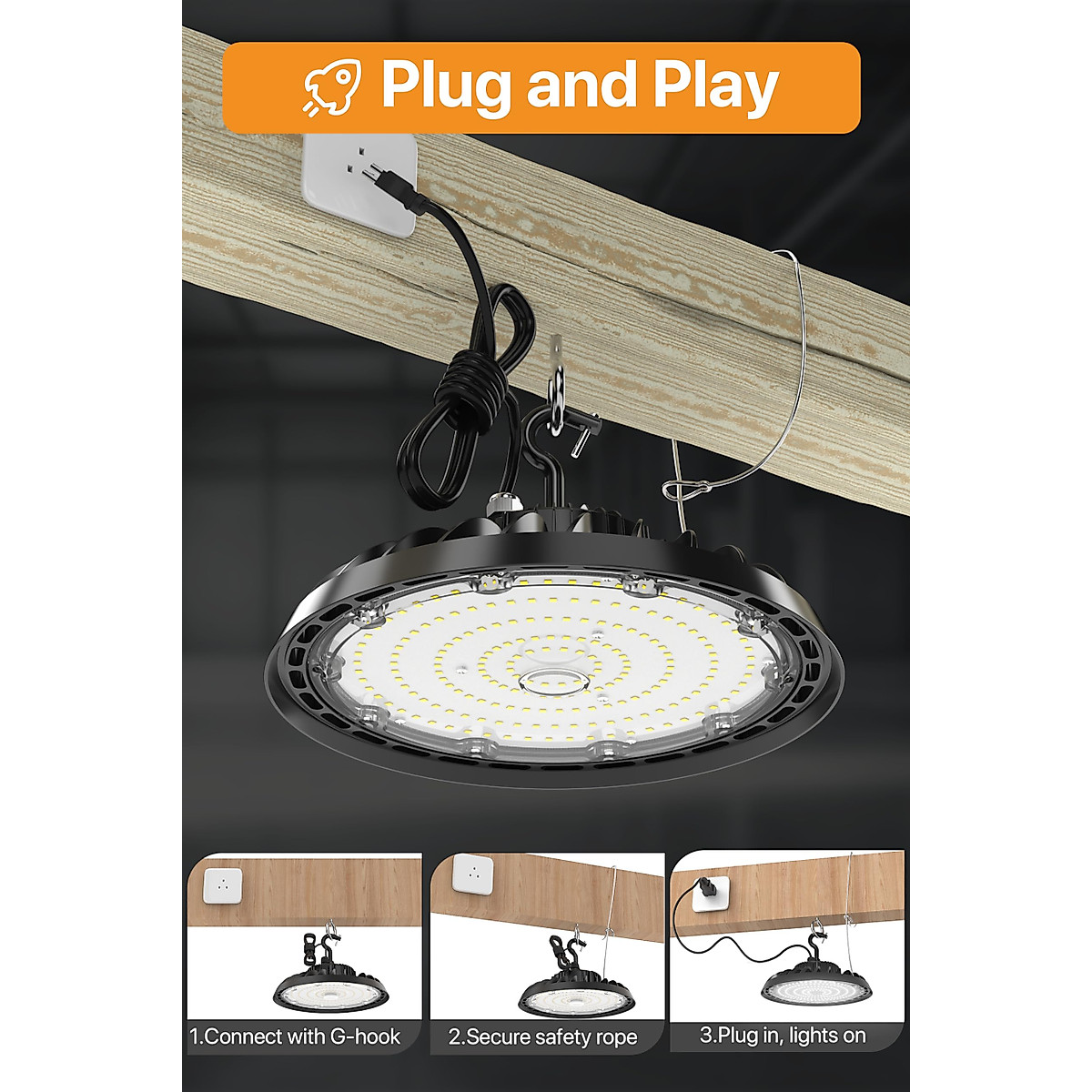 Pvilub High Bay LED Shop Lights: 150W 21000LM UFO LED High Bay Light with US Plug, 120-277V, IP65 Commercial Bay Lighting, High Bay LED Lights for Garage Workshop Warehouse Factory Barn 2PACK