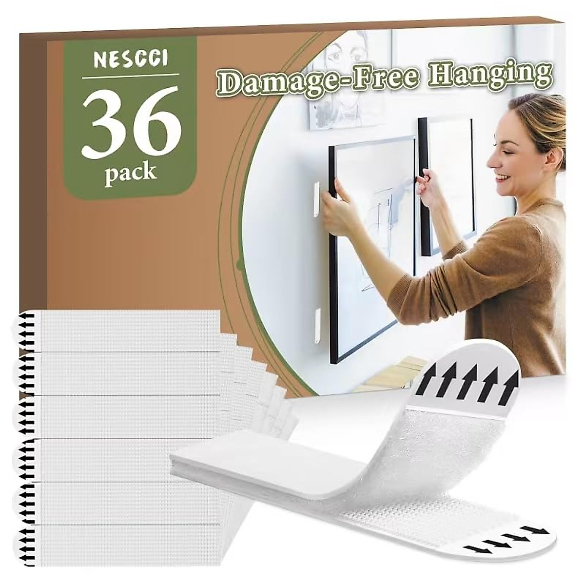 NESCCI Picture Hanging Strips,Picture Hanger Kit,Removable Damage Free,Picture Hanging Hooks,Used for Frame Hanging and Holiday Decorations.White,18-Pairs (36 Strips)