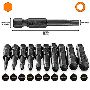 10PCS Hex Head Allen Wrench Drill Bit Set, VAKOGAL S2 Steel Hex Head Screwdriver Bit Set, with Magnetic, 1.5-8mm Metric, 1/4 Inch Hex Shank, 2 Inch Length, for Hand Held Wrench and Electric Drills