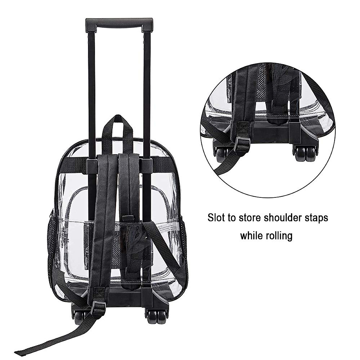 Rolling Clear Backpack, Heavy Duty See Through Bookbag, Transparent PVC Cold-resistant Backpack with Wheels ( Black)