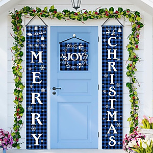 3 Piece Merry Christmas Porch Signs Christmas Buffalo Plaid Porch Banner Xmas Party Front Door Sign Joy Christmas Hanging Decors for Holiday Home Indoor Outdoor Christmas Party Favor (Blue and Black)