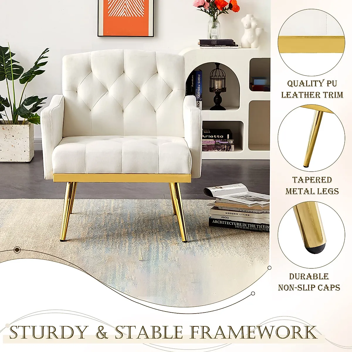 Antetek Upholstered Velvet Accent Chair, Modern Armchair Single Sofa Arm Chair with Golden Metal Legs, Tufted Lounge Reading Chair for Living Room, Bedroom, Office, Light Beige