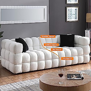 Melpomene Modern Boucle Sofa Couch, Cloud Sofa Upholstered 3 Seater Sofa with 2 Pillows and Wood Legs,Tufted Sofa for Bedroom, Office, Apartment(White)