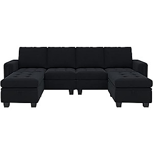 Belffin Velvet U Shaped Sectional Sofa Couch with Storage Ottoman Convertibel Sectional Sofa with Reversible Chaises Black