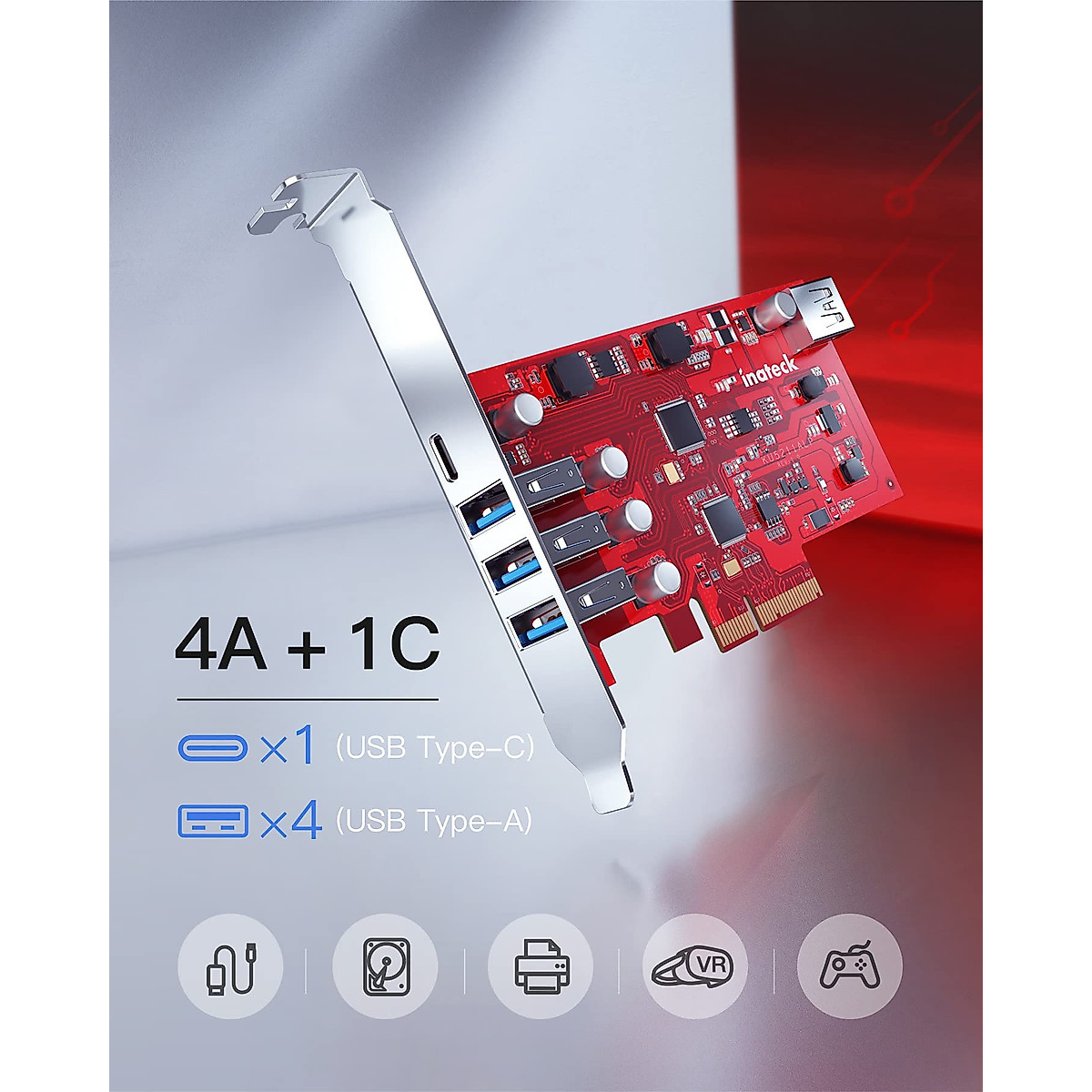 Inateck PCIe USB 3.2 Gen 2 Extension Card with 4 USB A and 1 USB-C Ports 20 Gbps PCIe 5-Port Card No External Power Supply Required, RedComets U26