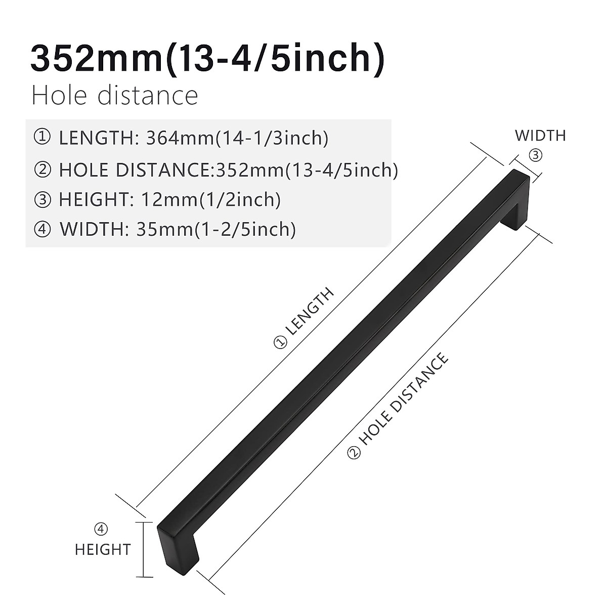 Redunest Cabinet Pulls Matte Black Cabinet Handles Square Drawer Pulls, 5 Pack 13-4/5 Inch Stainless Steel Kitchen Door Cupboard Cabinet Handles, Drawer Hardware Handles, 352mm Hole Centers