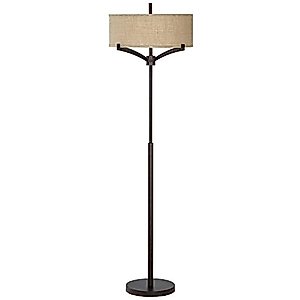 Franklin Iron Works Tremont Modern Mid Century Floor Lamp Standing 62" Tall Deep Bronze Metal Tan Burlap Drum Shade for Living Room Reading Bedroom Office House Home Decor