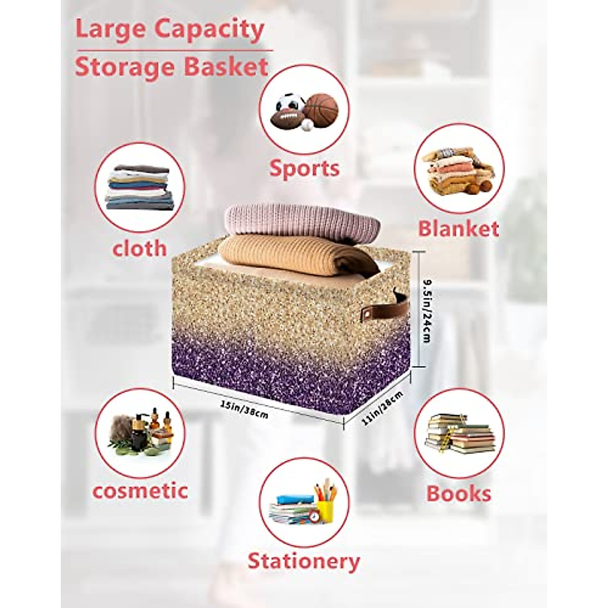 Storage Organizer Bins Set of 1 Storage Baskets for Clothes on Shelves With Handles Gradient Marble Texture Glitter Purple and Gold Rectangular Fabric Laundry Baskets for Organizing