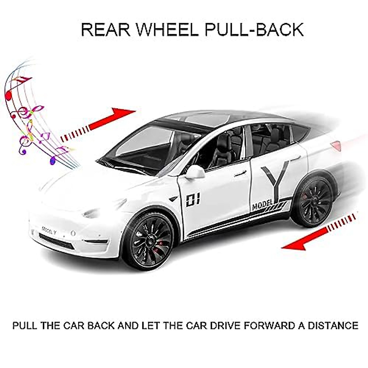 1:24 Scale Model Y Alloy Car Model Diecast Toy Vehicles for Kids, car Model Toy，Pull Back Alloy Car with Lights and Music，Gifts for Adults and Children, Decorative Objects, Collectibles.(Logo White)
