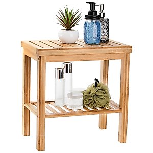 SOUJOY Bamboo Shower Bench, Bath Seat Stool, Spa Foot Rest Shaving Stool, Storage Shelf for Shampoo Towel, Works in Inside Bathroom, Living Room, Bedroom, Garden Leisure