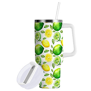 KEEPREAL 40 oz Lime Lemon Tumbler with Handle, Insulated Sports Water Bottle with Lid and Straw, Thermal Stainless Steel Travel Coffee Mug Cup #495