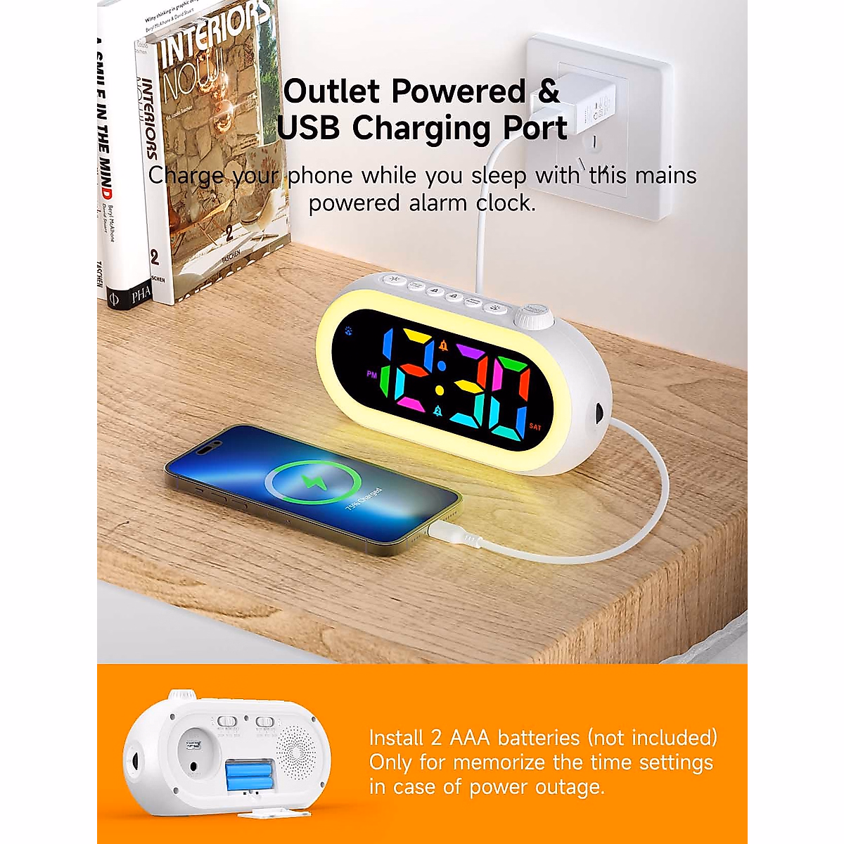 OCUBE Digital Alarm Clocks for Bedrooms with Wake Up Light,Colorful Bedside Clock Mains Powered with Night Light,Dual Alarms,100dB Super Loud,USB Charger,Snooze for Teens Kids Boys Girls Seniors