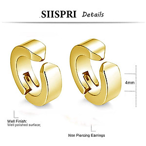 Stainless Steel Mens Womens Clip On Earrings Hoop Huggie Non-Piercing 3 Pairs (1 Pairs(gold))