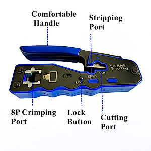 Rj45 Crimp Tool Kit Pass Through and Standard Cat6 Cat6A Cat5 Cat5e rj45 Crimping Tool with 50pcs rj45 Cat6 Pass Through Connectors, 20pcs Covers, 1 Network Cable Tester, 2 Wire Strippers, 1 Cutter