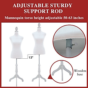Mannequin Female Mannequin Torso Dress Form 50"-63" for Display Women Mannequin Body Height Adjustable for Sewing Wooden Tripod Base,Foam Body(White)