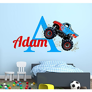 Decalzone Inc Personalized Monster Truck Wall Decal - Monster Truck Wall Decor - Nursery Monogram Truck Theme Kids Bedroom Decor Baby Boy Room Vinyl Sticker (34inchW x 18inchH)