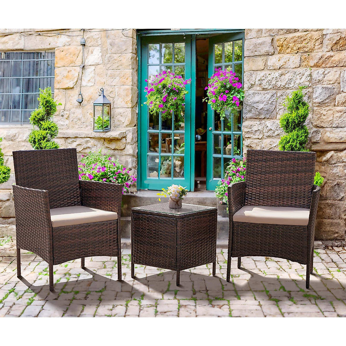 Flamaker Patio Furniture Set 3 Pieces All-Weather Rattan Outdoor Furniture Patio Chairs with Tempered Glass Table for Porch Bistro Balcony (Brown/Cream)